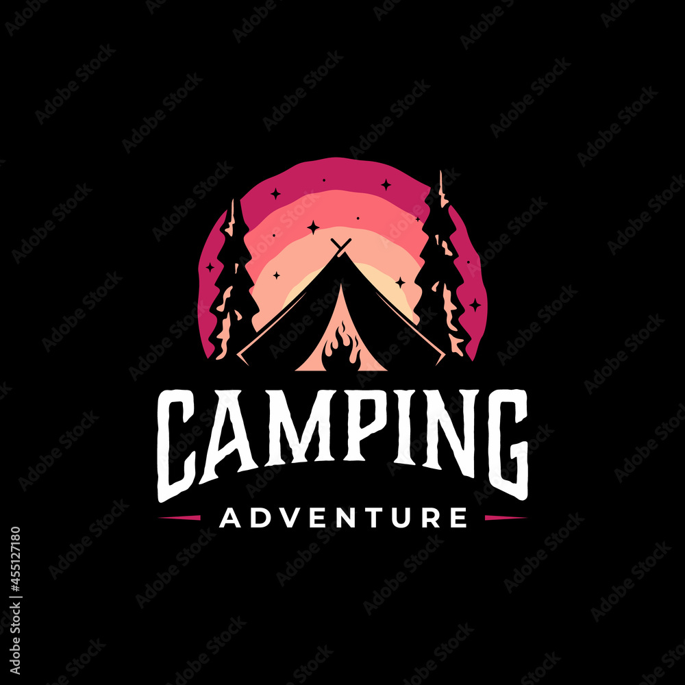Vintage Camping and outdoor adventure logo. Vector illustration with ...
