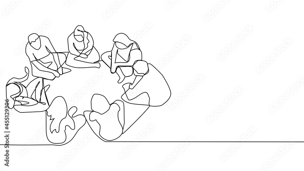 Continuous line drawing group of people sitting, standing, meeting and ...