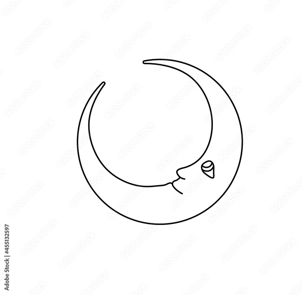 Vector isolated cartoon moon face. line drawing. Fairytale moon outline ...