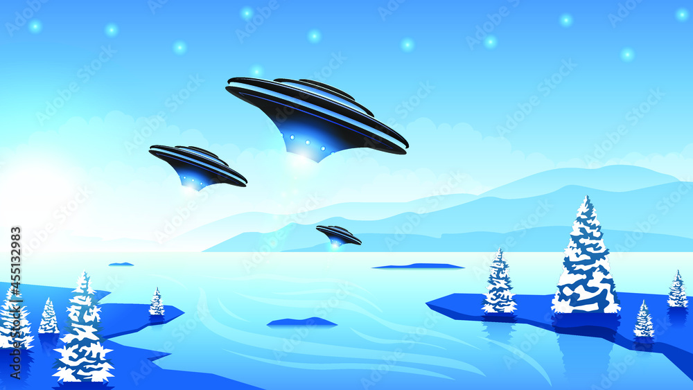 Abstract Aliens On Flying Saucers Mountains Clouds Water Tree Sun ...