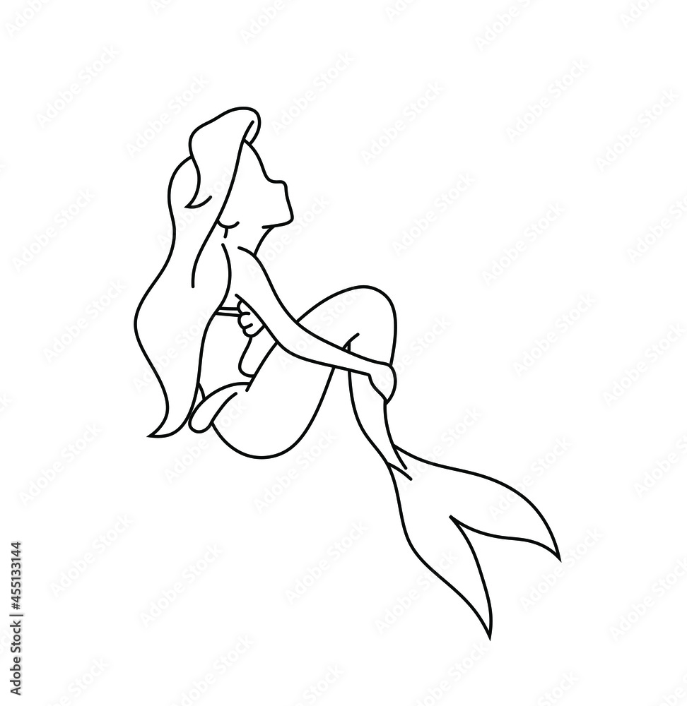 Vector isolated cute cartoon mermaid contour drawing. colorless ...