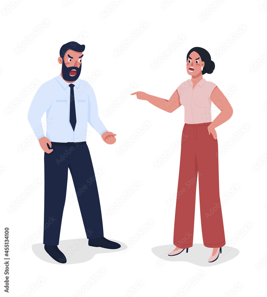 Employee arguing with boss semi flat color vector characters. Full body ...
