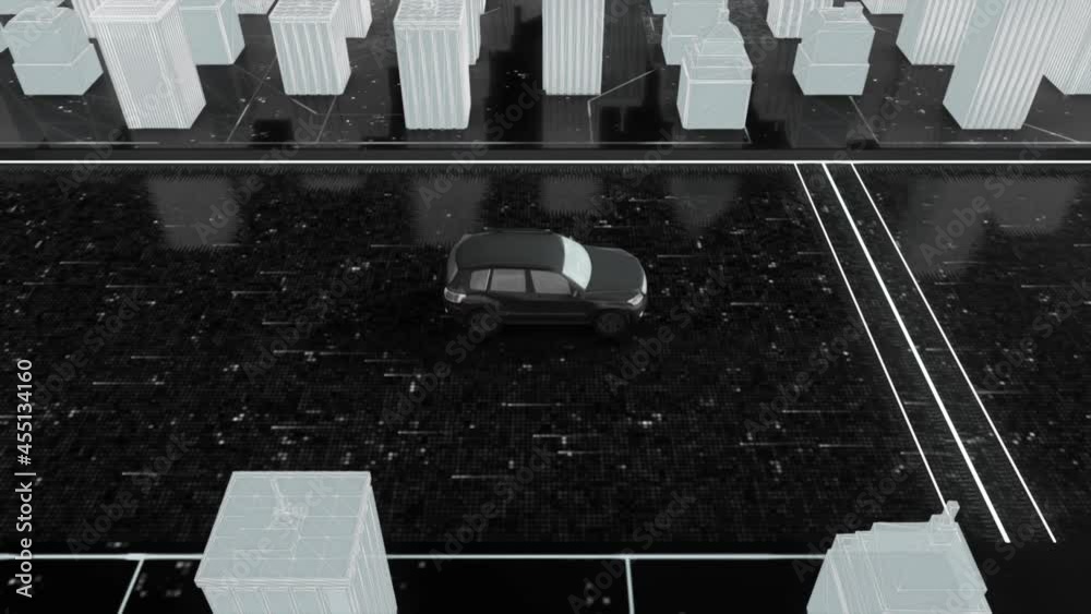 3D model of driving car in futuristic city. Motion. Animated layout of ...