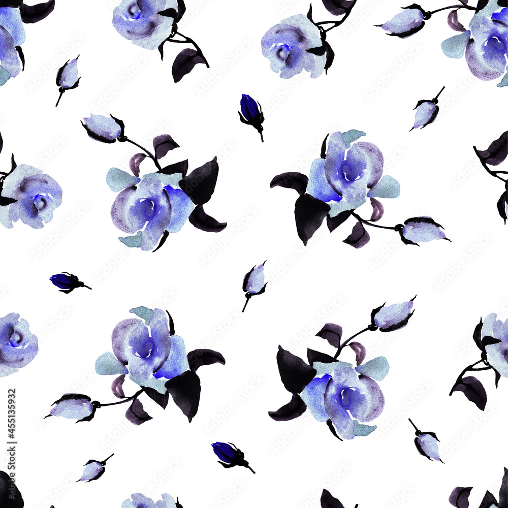 ภาพประกอบสต็อก Seamless blue roses pattern on white background. Design ...