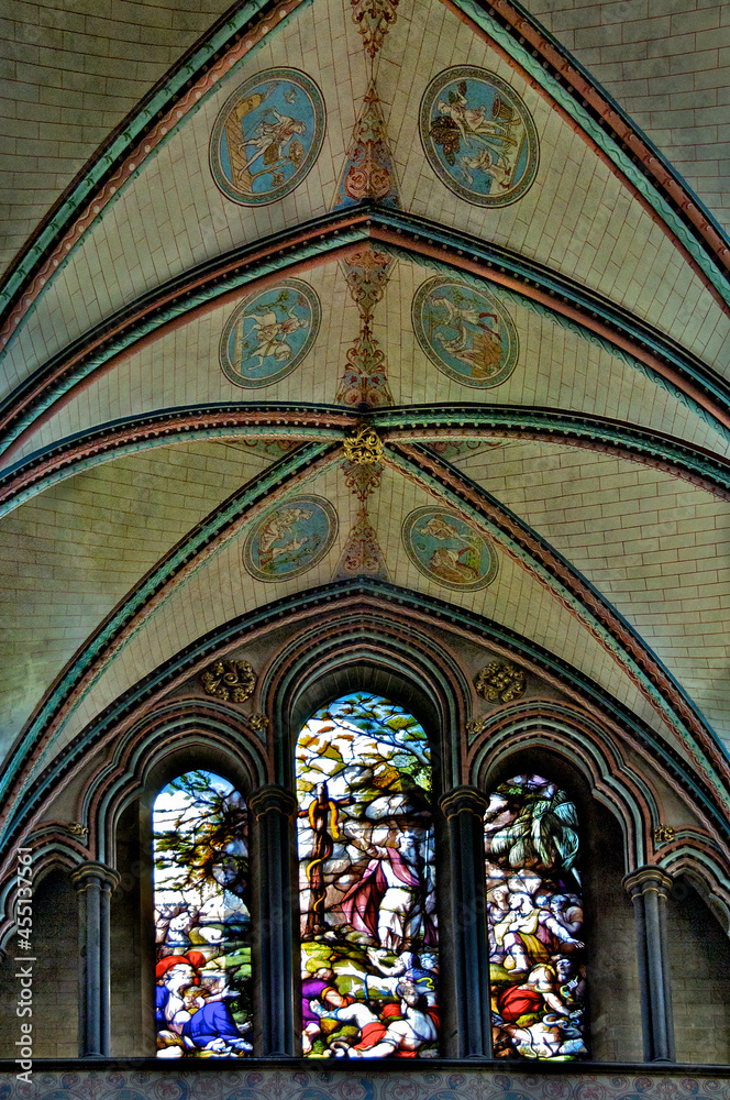 Detail of ribbed vault and the high east window, has a 1781 stained ...