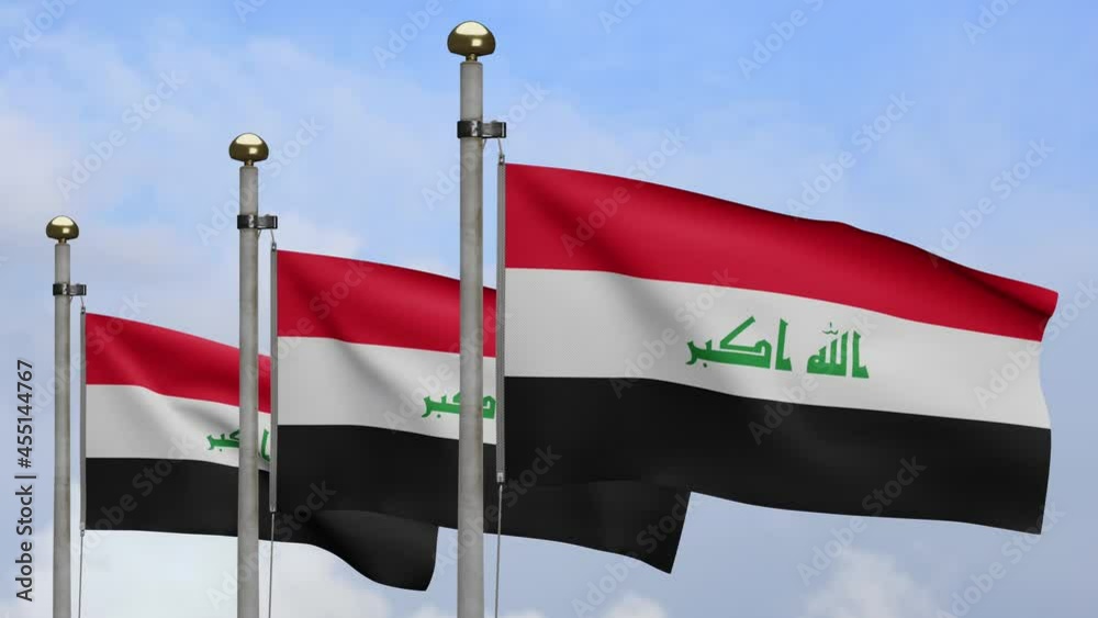 3D, Iraqi flag waving on wind with blue sky and clouds. Iraq banner ...
