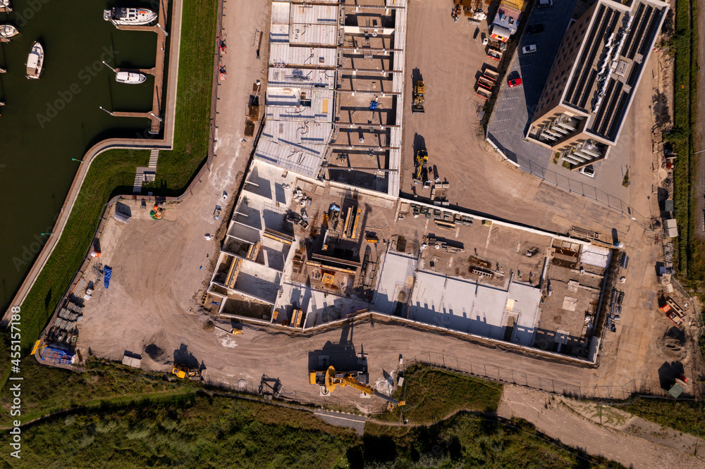 Top down view of first layer of construction on building site with ...