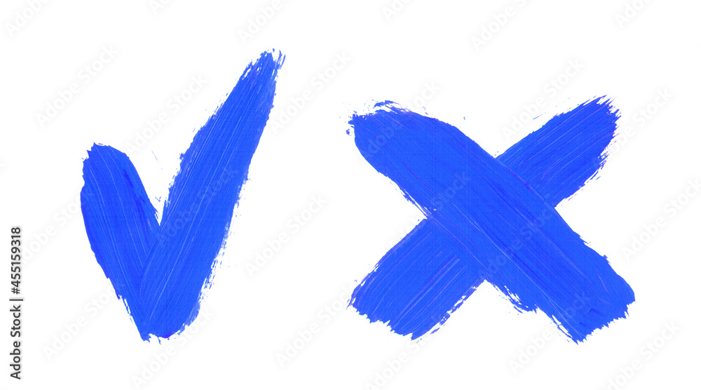 Set of handmade paint strokes with checkmark and cross. Acrylic paint ...