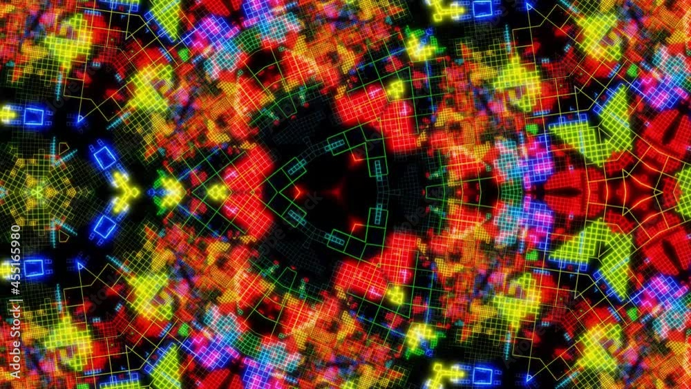 3d vj loop neon light kaleidoscope background. Glow lines symmetrical ...