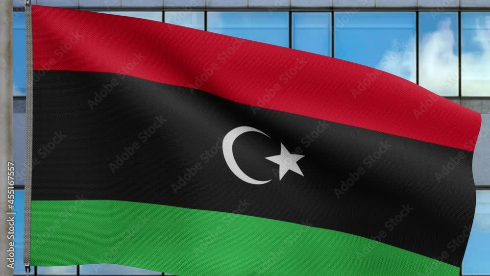 Vidéo Stock 3D, Libyan flag waving on wind with modern skyscraper city ...