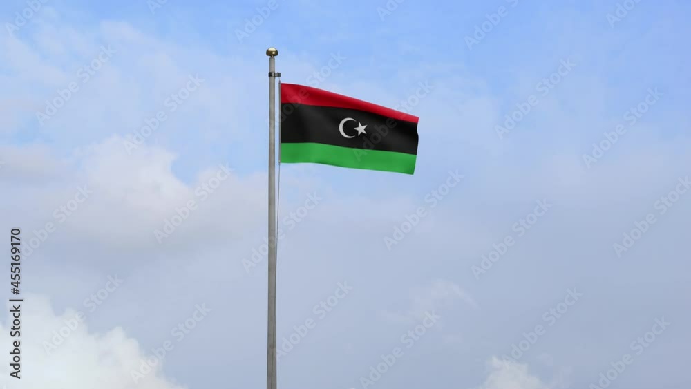 3D, Libyan flag waving on wind with blue sky and clouds. Libya banner ...