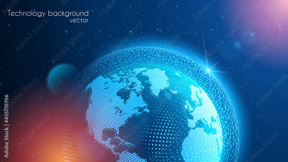 Vector blue abstract futuristic background. Luminous planet Earth is ...