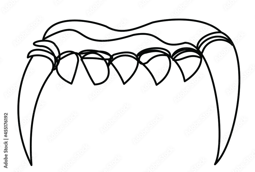 Long vampire fangs in one line on a white background. Scary teeth of a ...