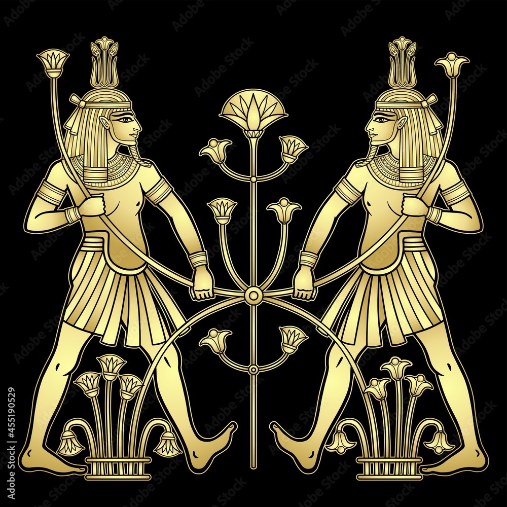 Animation portrait Egyptian God Hapi holding a reed flower. God of ...