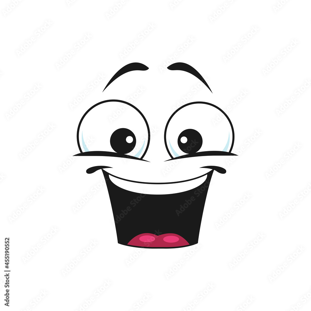Happy cartoon face with wide smile, excited facial emoji. Funny vector ...