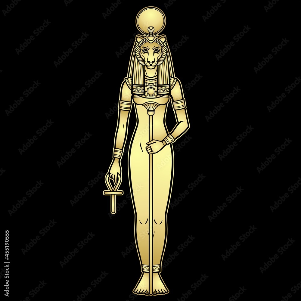Animation portrait Ancient Egyptian goddess Sehmet (Tefnut) holds ...