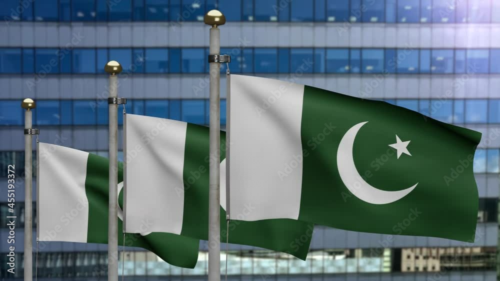 3D, Pakistani flag waving on wind with modern skyscraper city. Pakistan ...