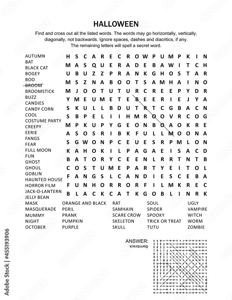 Halloween word search puzzle (English language). Answer included. Stock ...