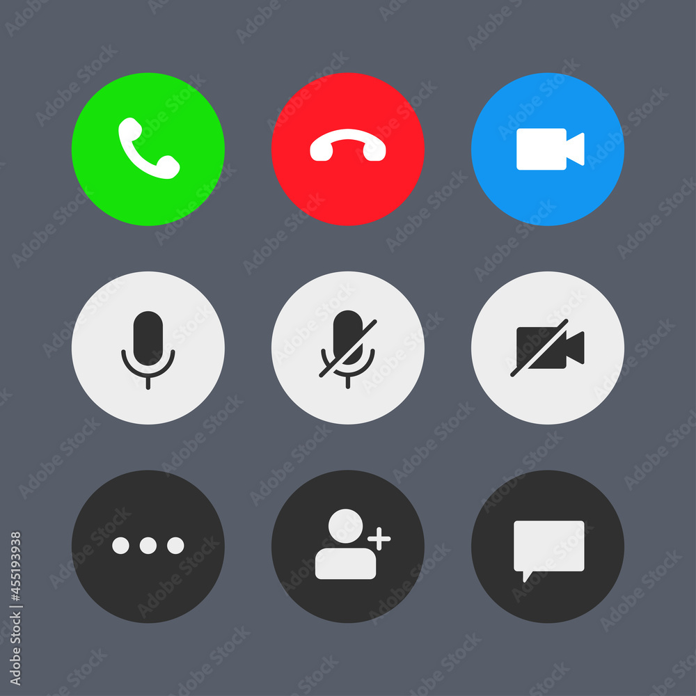 A collection of buttons for the video call user interface. Frequently ...