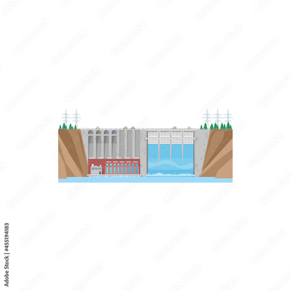 Hydroelectric power plant, water energy station, vector hydro dam ...