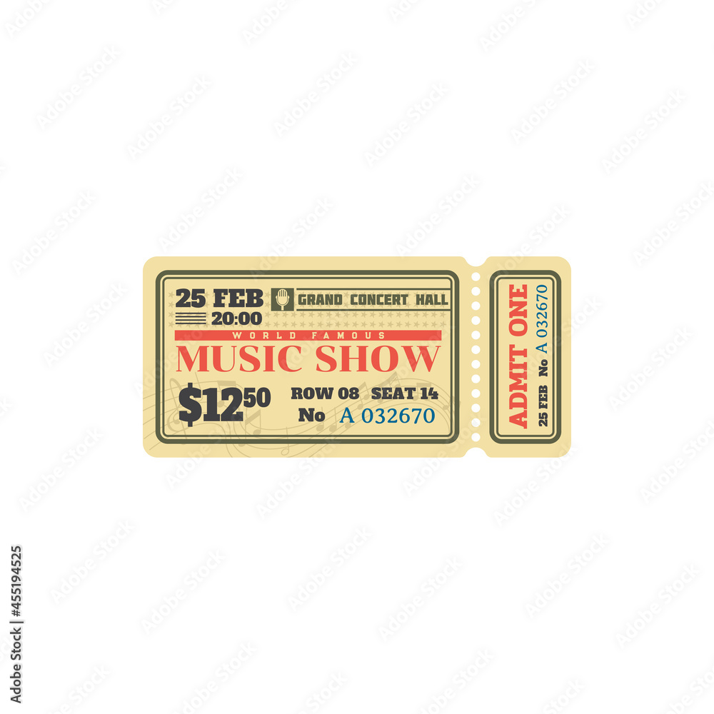 Concert ticket to classical music city hall, card isolated template ...