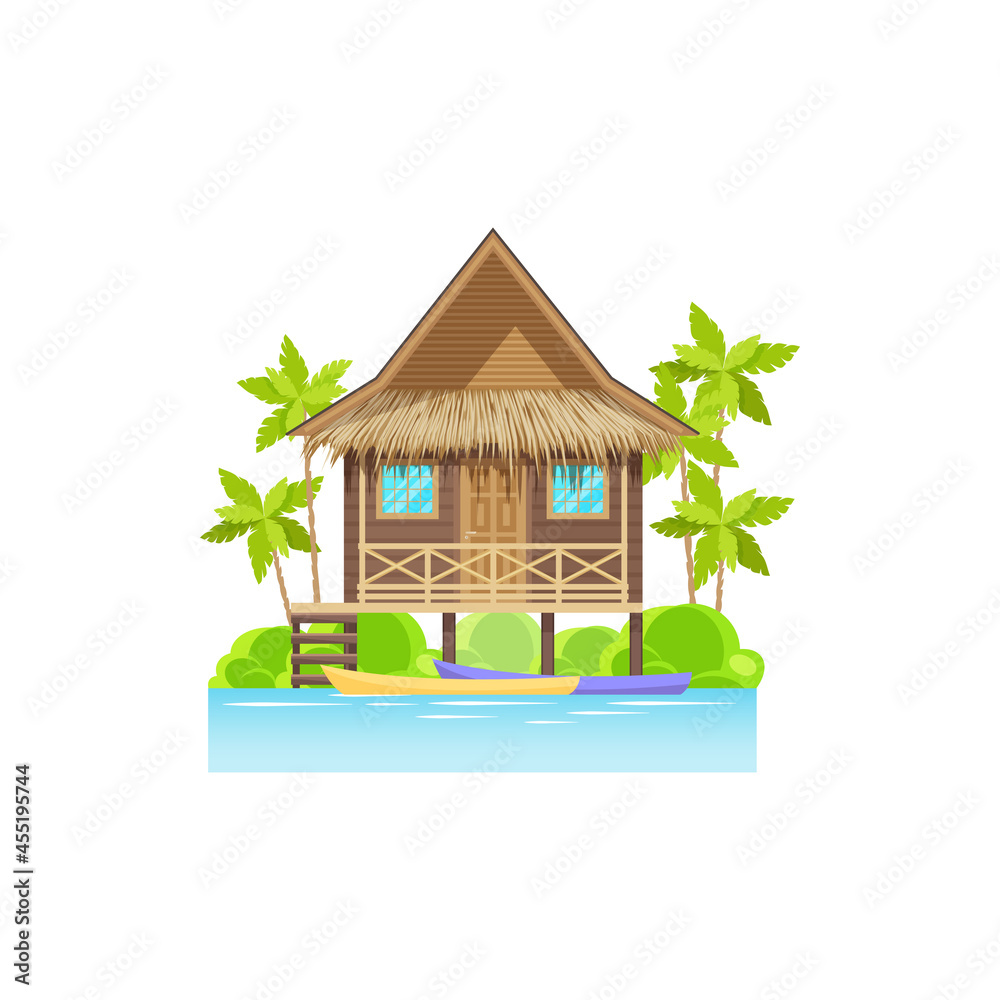 Wooden house on sea or ocean with canoe boats, palm trees isolated ...