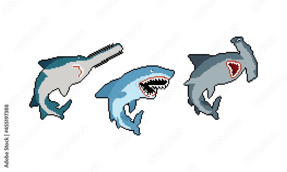 Shark set pixel art. Marine predator collection 8bit. Hammerhead shark ...