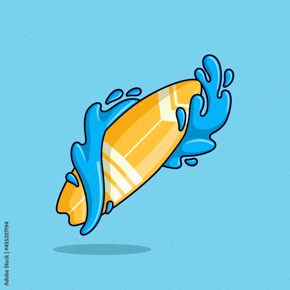 cute yellow surfboard with blue water surround vector cartoon ...