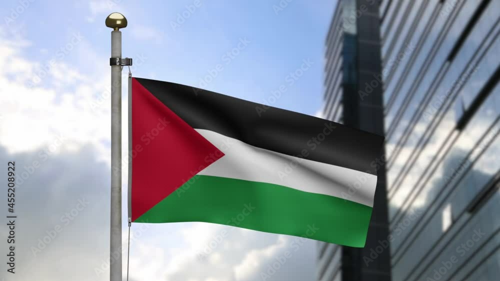 3D, Palestinian flag waving on wind with modern skyscraper city ...