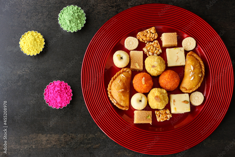 Diwali sweets Gujiya peda barfi Motichoor Laddu Indian Sweet dessert ...
