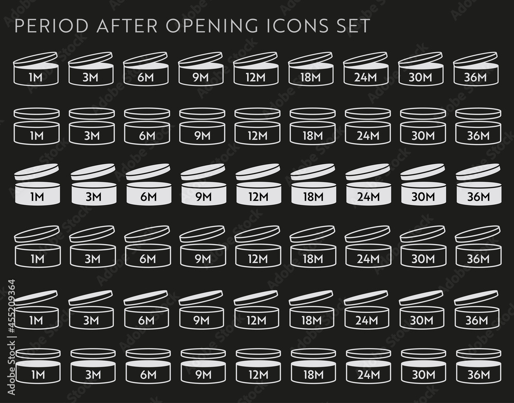 PAO vector icon on black set. Period after opening symbols. Can with ...