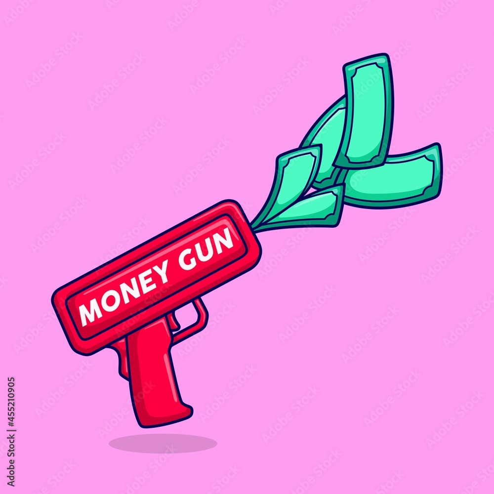 cute toy money gun with money flying cartoon vector illustration ...