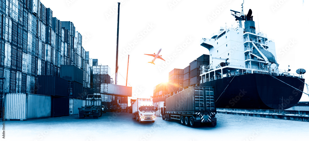 Container truck in ship port for business Logistics and transportation ...