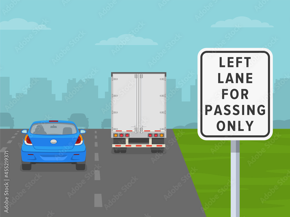 Left lane for passing only road sign. Back view of sedan cars and truck ...