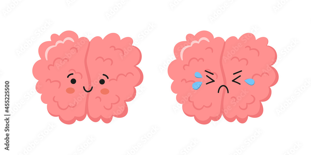 Kawaii happy human brain character and sad crying brain character. Hand ...