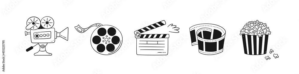 Hand drawn cinema set with movie camera, clapper board, cinema reel and ...
