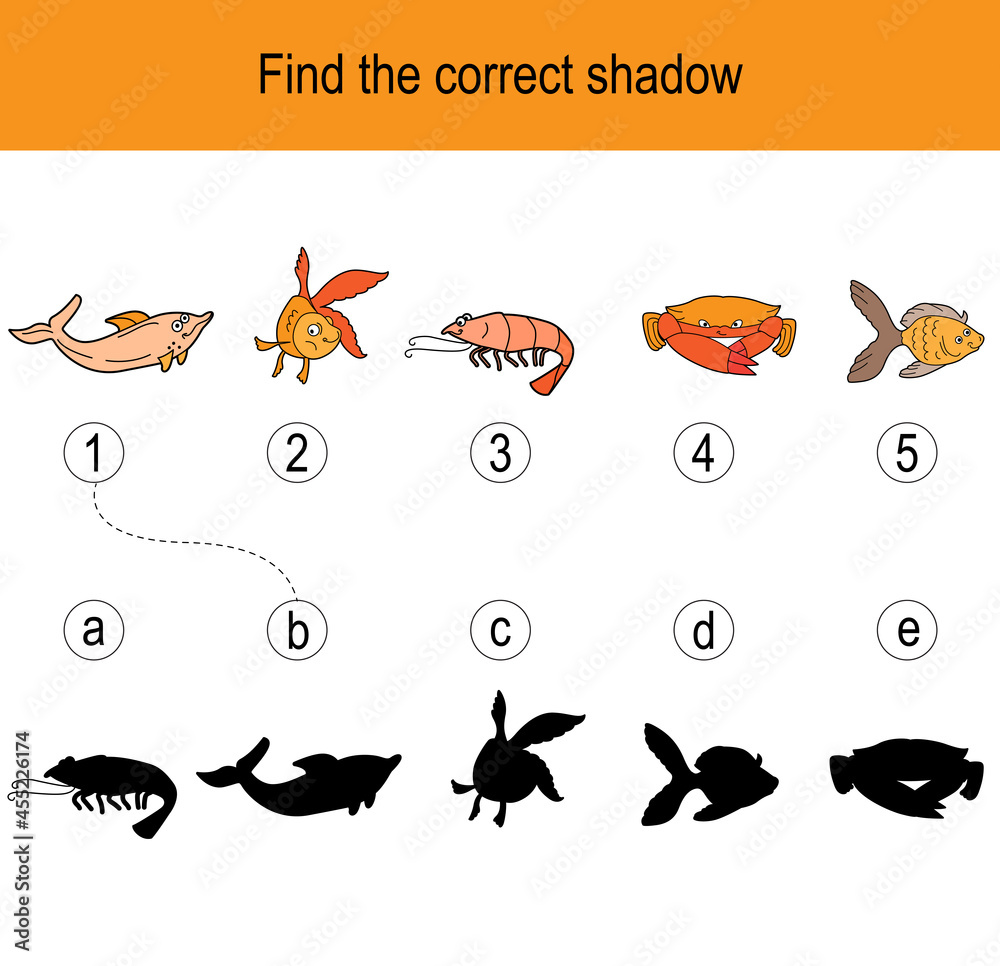 Find the correct shadow puzzle with ocean animals and fishes ...