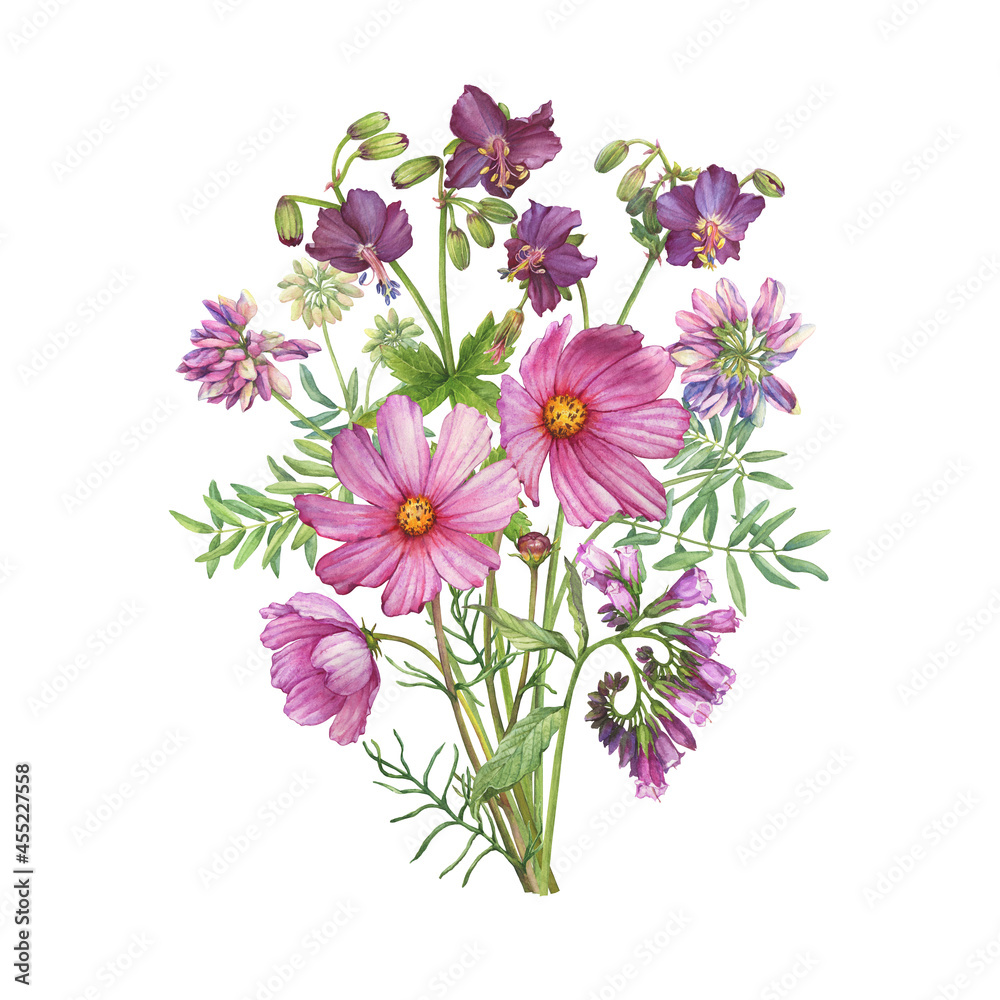 Bouquet with field geranium, cosmea, clover, comfrey flowers ...
