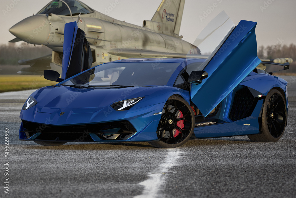 Lamborghini aventador on the Eurofighter Typhoon plane background Stock ...