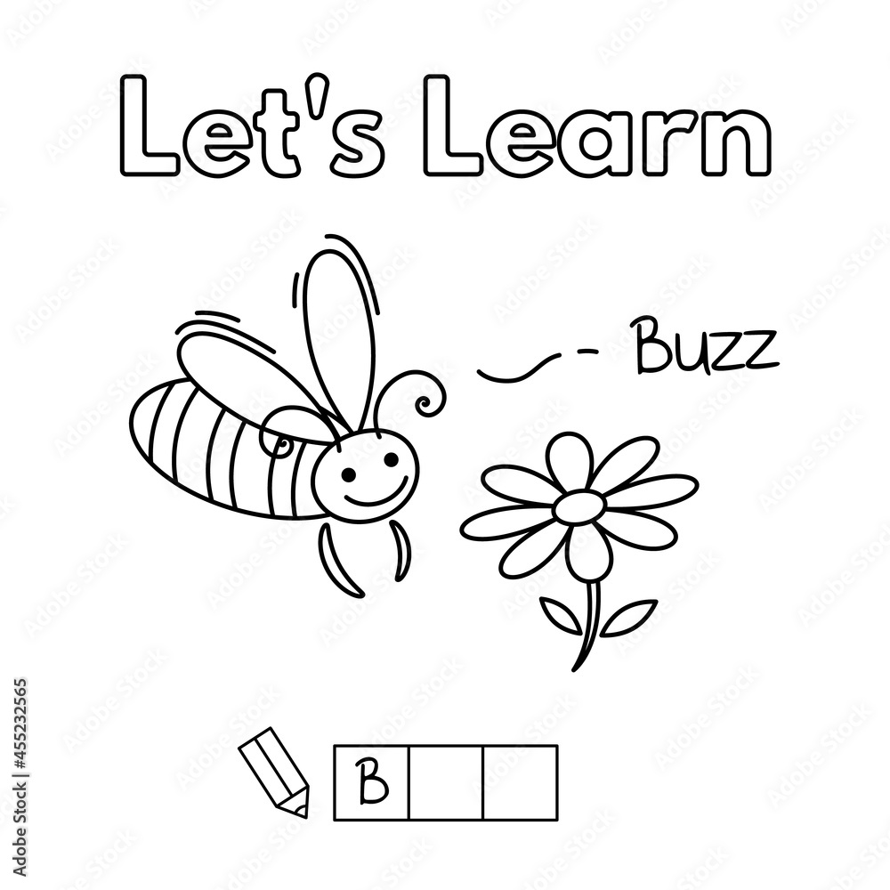 Cartoon bee learning game for small children - color and write the word ...
