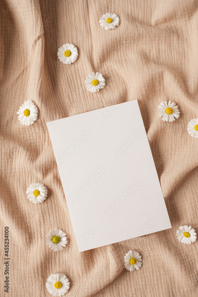 Blank paper sheet card with mockup copy space, chamomile flower buds ...