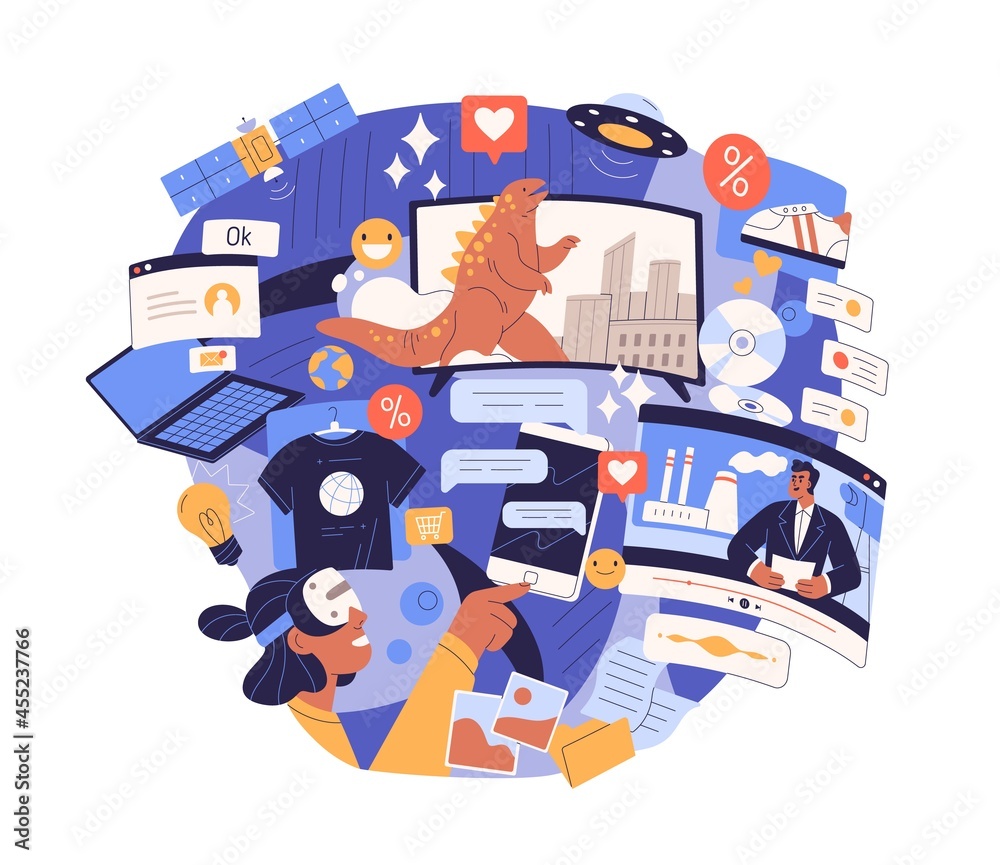 Information overload and excess concept. Surfing internet with lot of ...