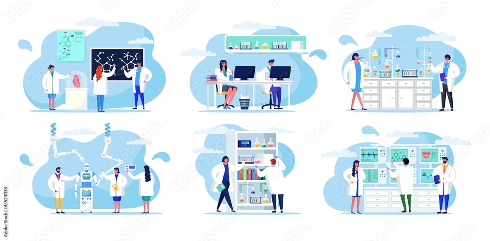 Science research in laboratory, vector illustration. Man woman people ...