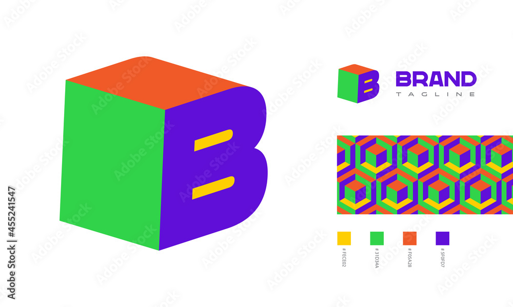 3D letter B Logo corner view with pattern and colour code swatches for ...