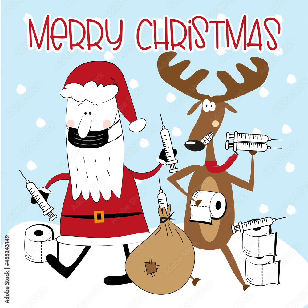 Merry Christmas - Santa Claus in mask, and reindeer with vaccines and ...