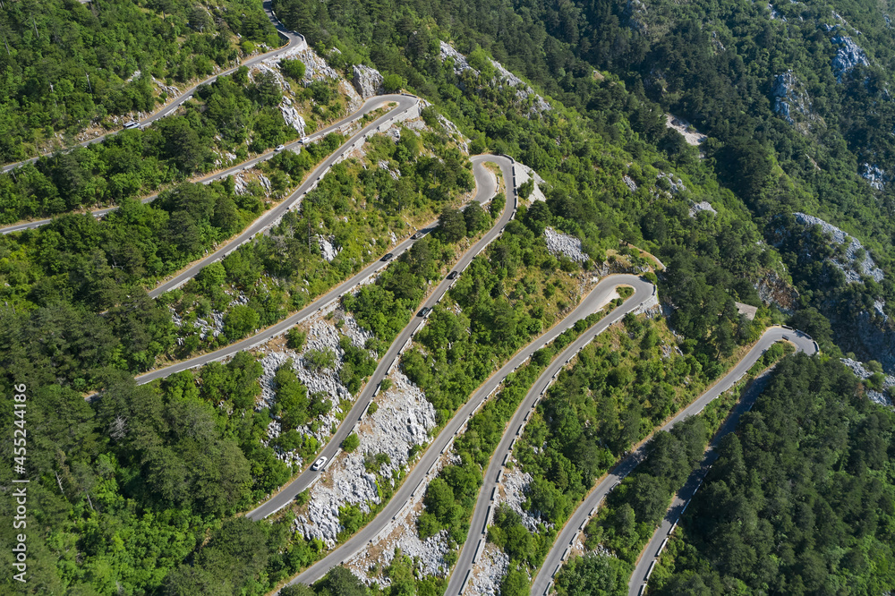 Aerial view of a mountain serpentine road in Kotor, Montenegro Stock ...