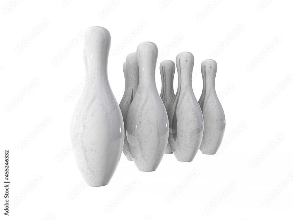 Blank white bowling ball and ten pins making strike mockup, motion blur ...