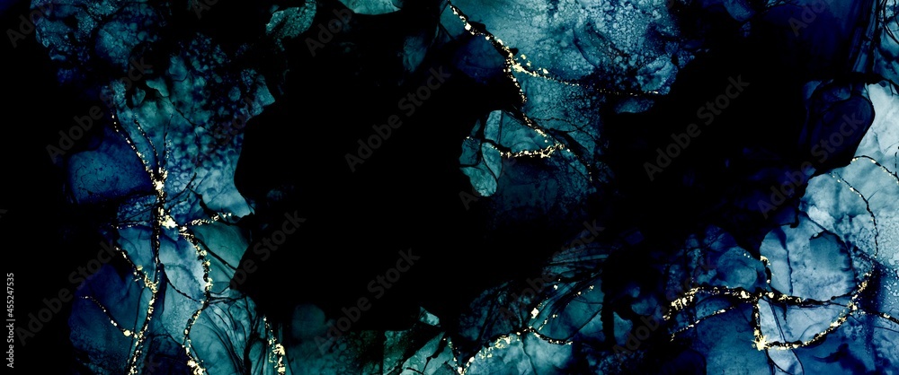 Dark blue alcohol ink background with gold design paths, liquid design ...