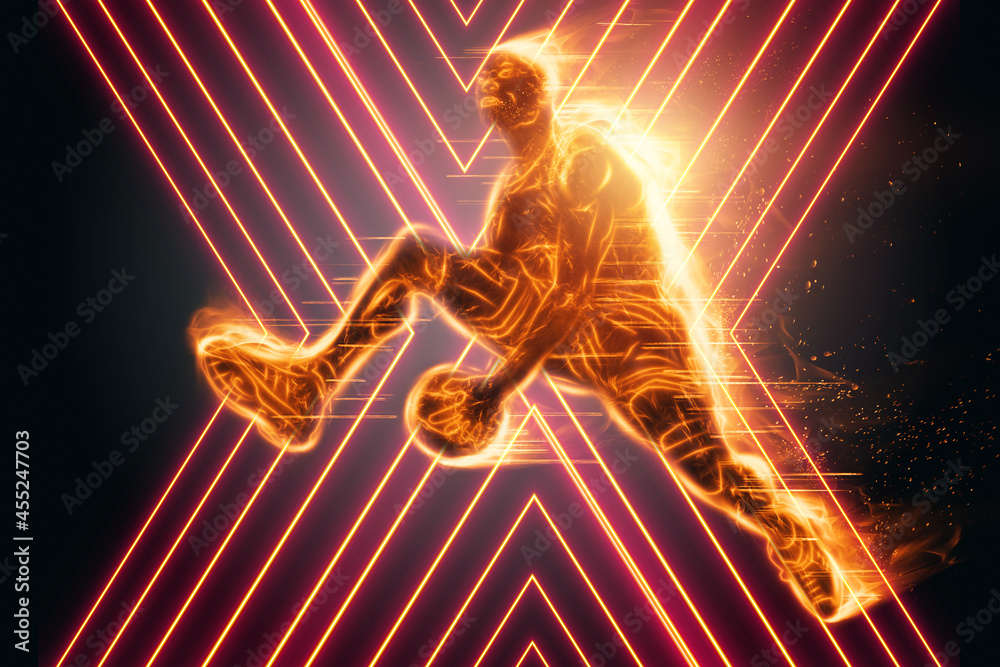 Fiery image of a professional basketball player jumping with a ball ...
