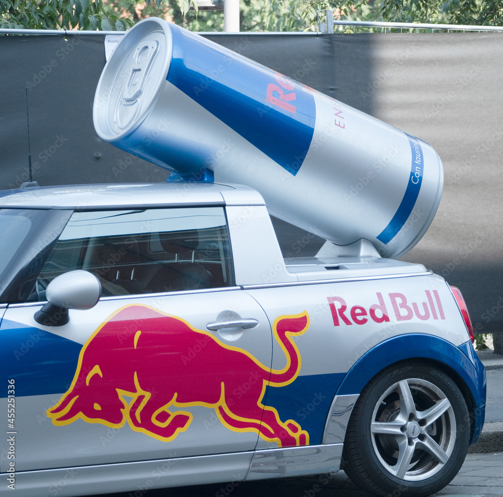 Red Bull promotional car with can, Mini Cooper, Milan, Italy Stock ...